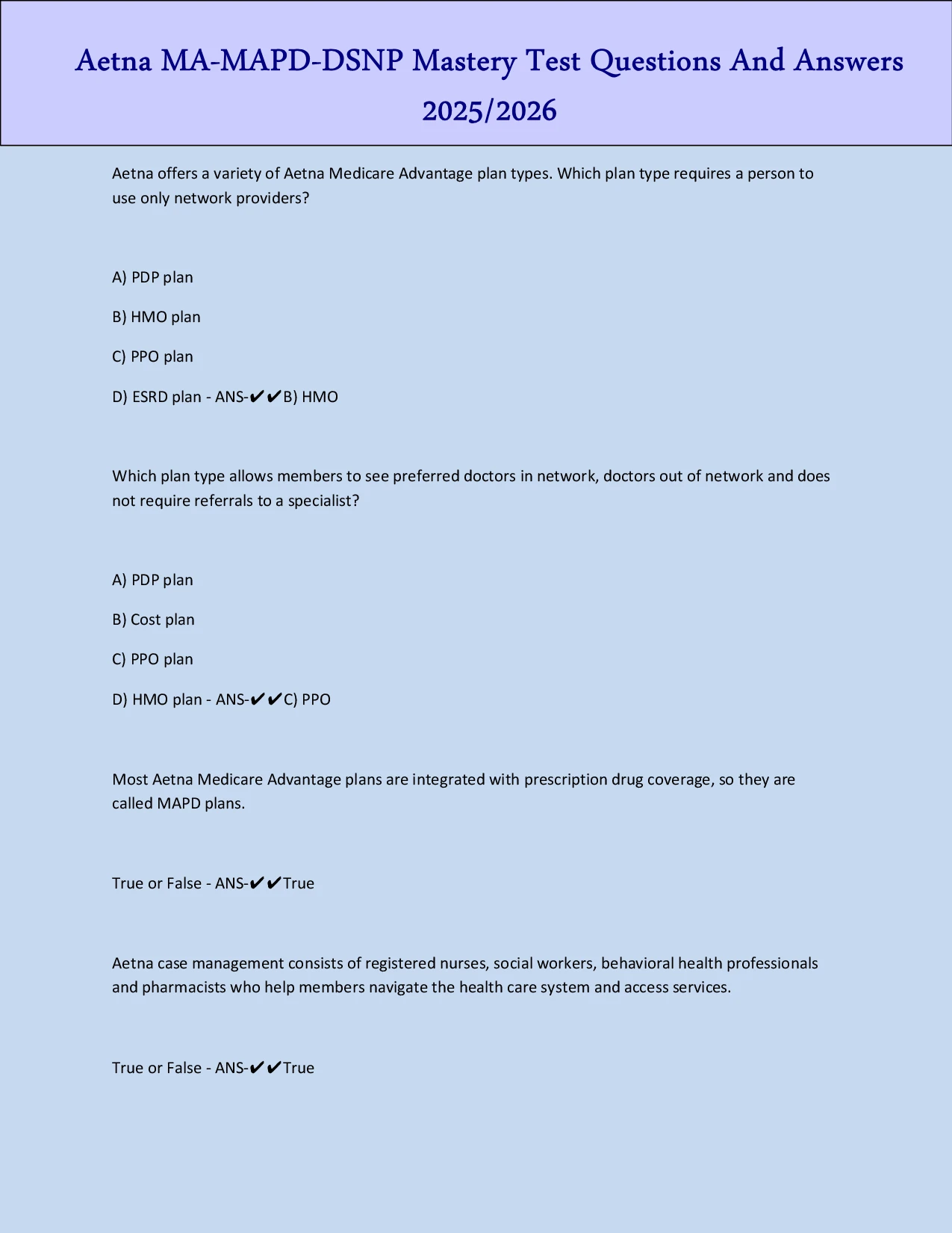 Aetna MA-MAPD-DSNP Mastery Test Questions And Answers 2025/2026