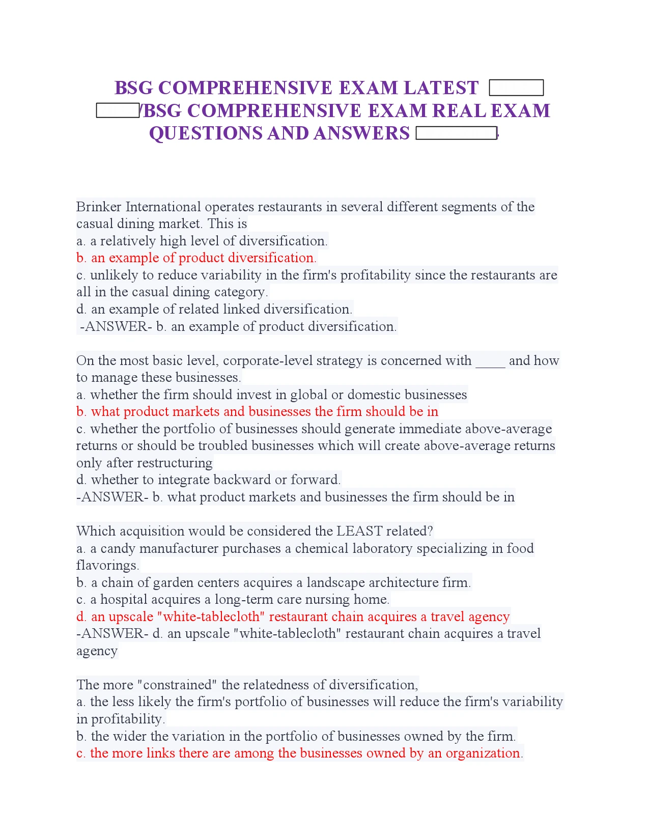BSG COMPREHENSIVE EXAM LATEST REAL EXAM QUESTIONS AND ANSWERS