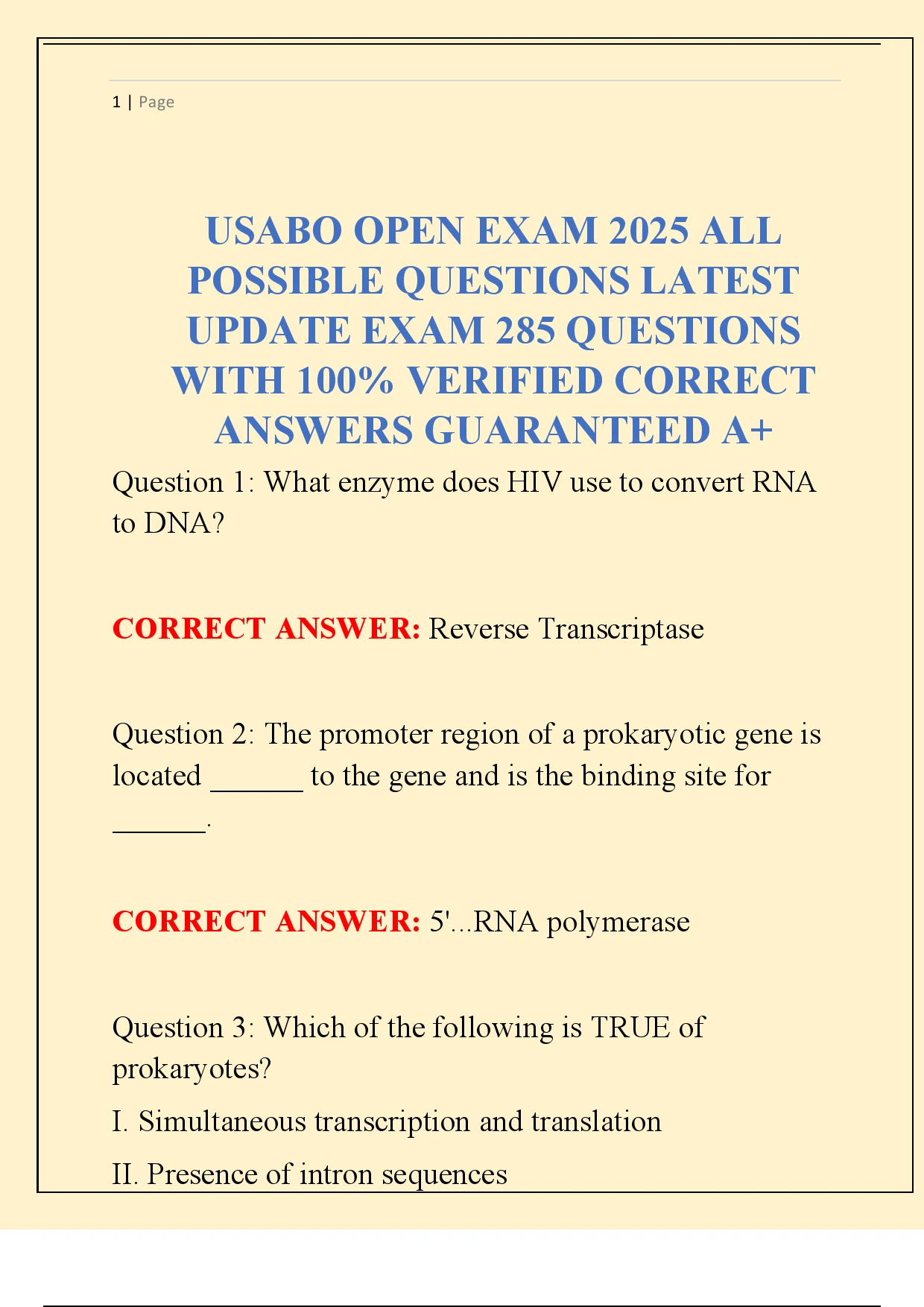 USABO OPEN EXAM 2025 ALL POSSIBLE QUESTIONS LATEST UPDATE EXAM 285 ...